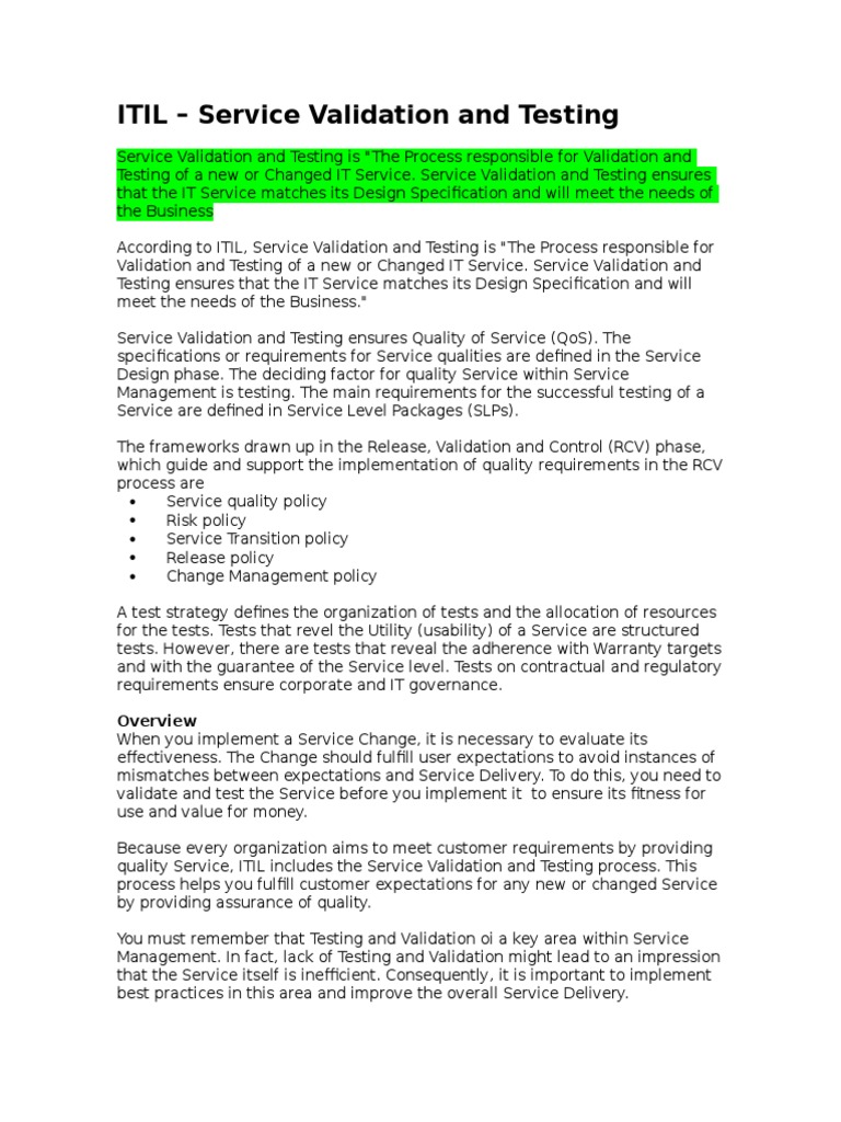 ITIL 4: Service Validation & Testing Overview | PDF | Software Testing ...