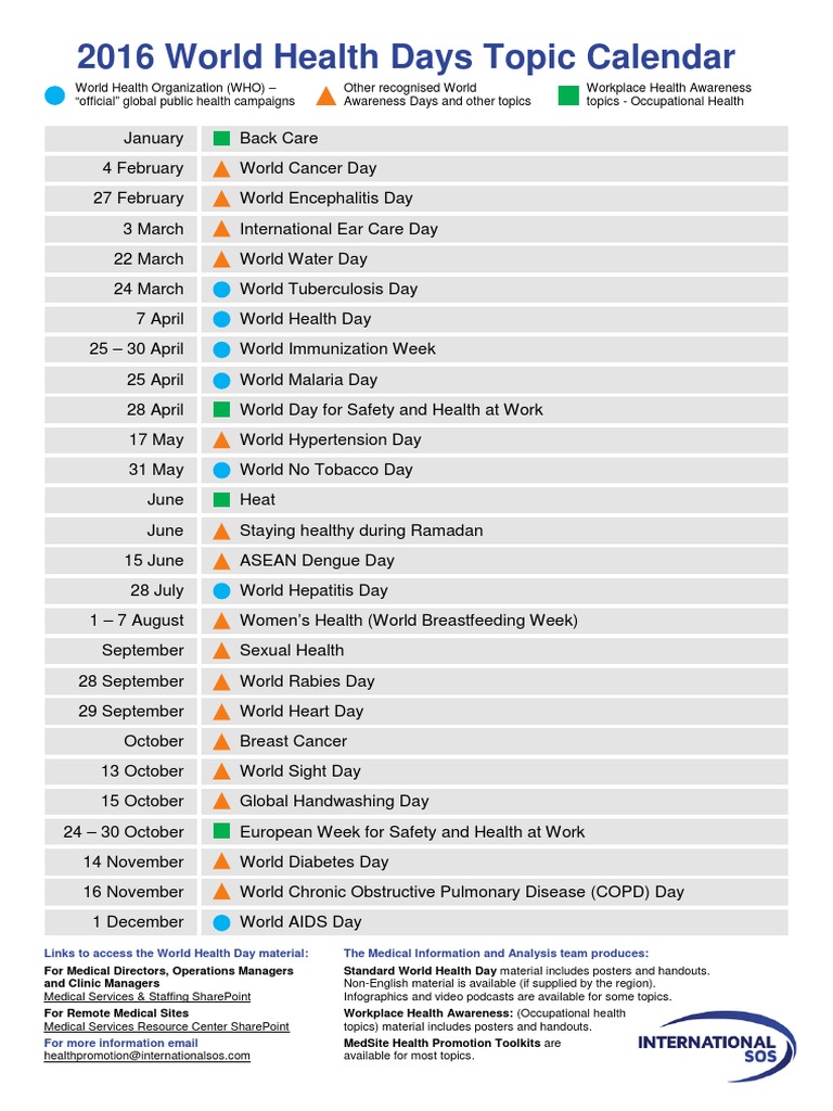 2016 World Health Days Topic Calendar | PDF