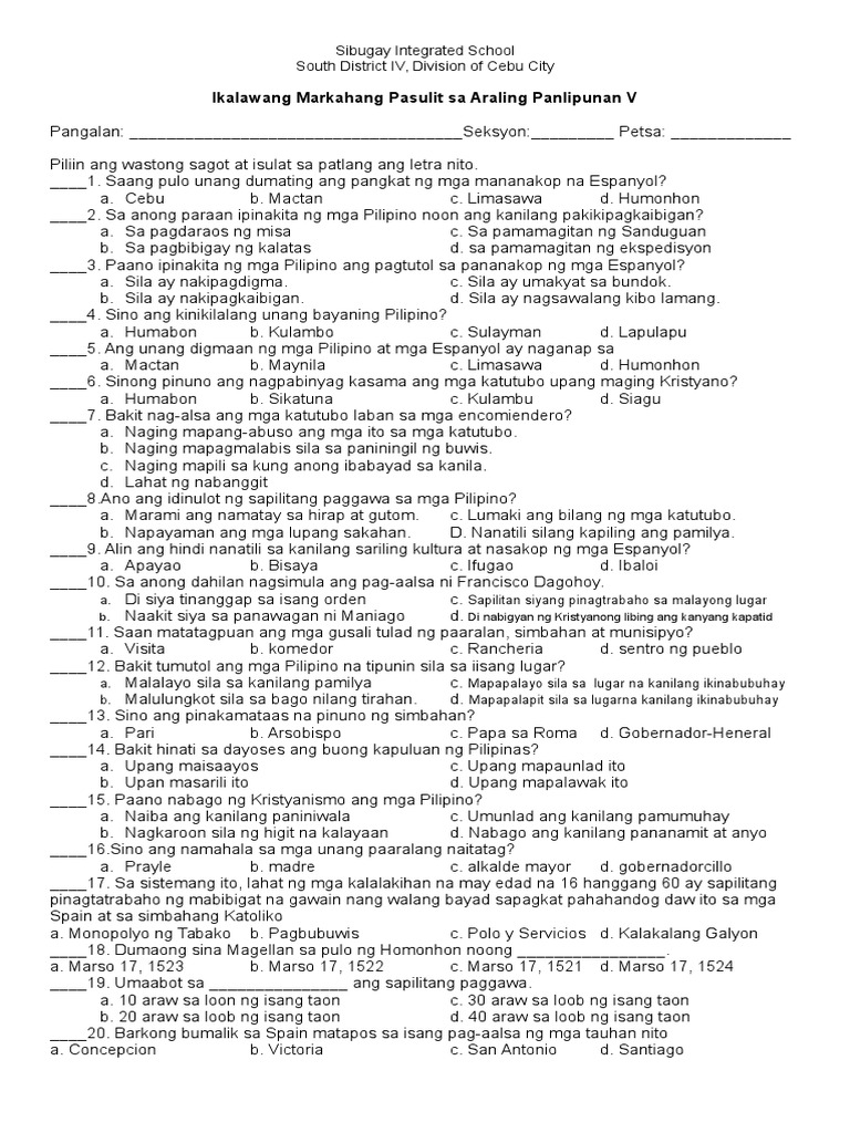 Second Periodical Test Grade 5 2016-2017 | PDF