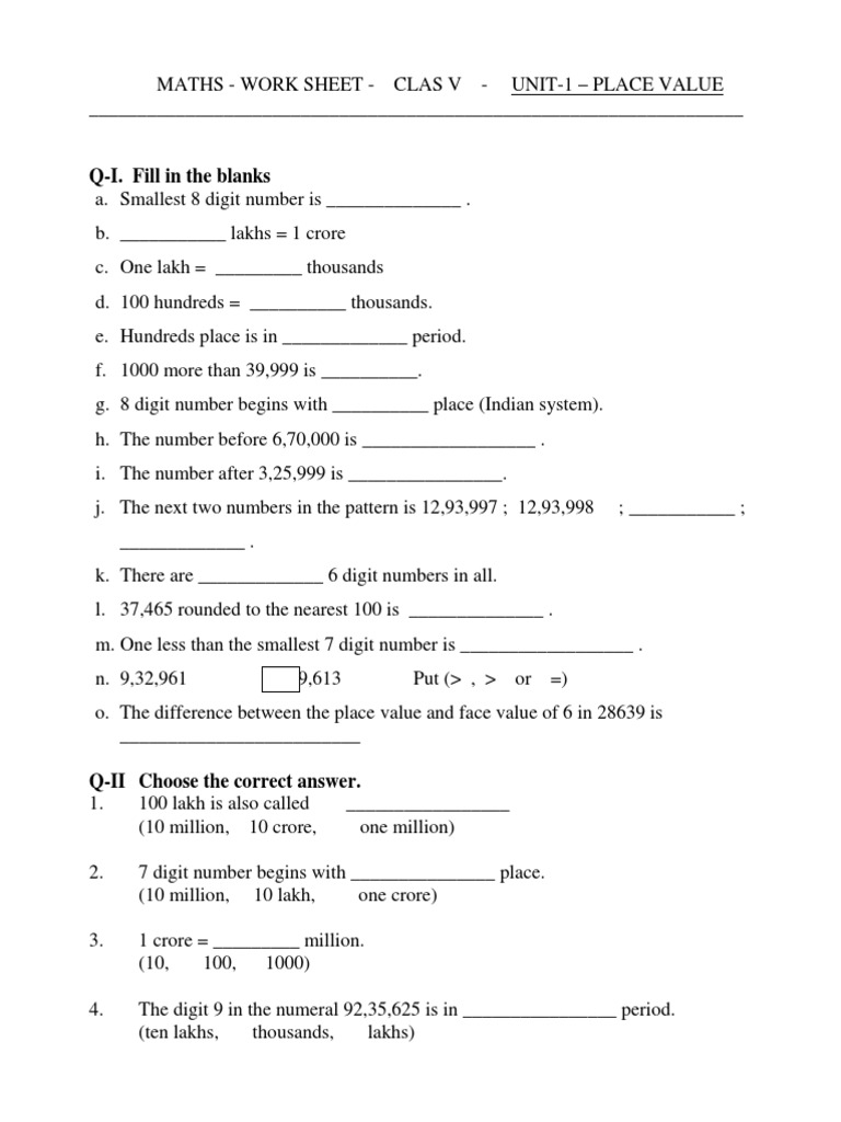 CBSE Class 5 Mathematics Worksheet - Place Value | PDF