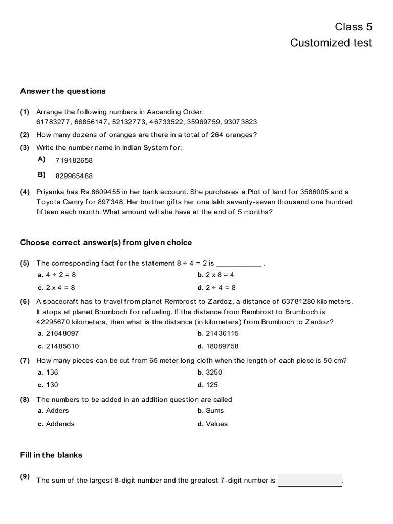 Class 5 Customized Test: Answer The Questions | PDF | Arithmetic | Numbers