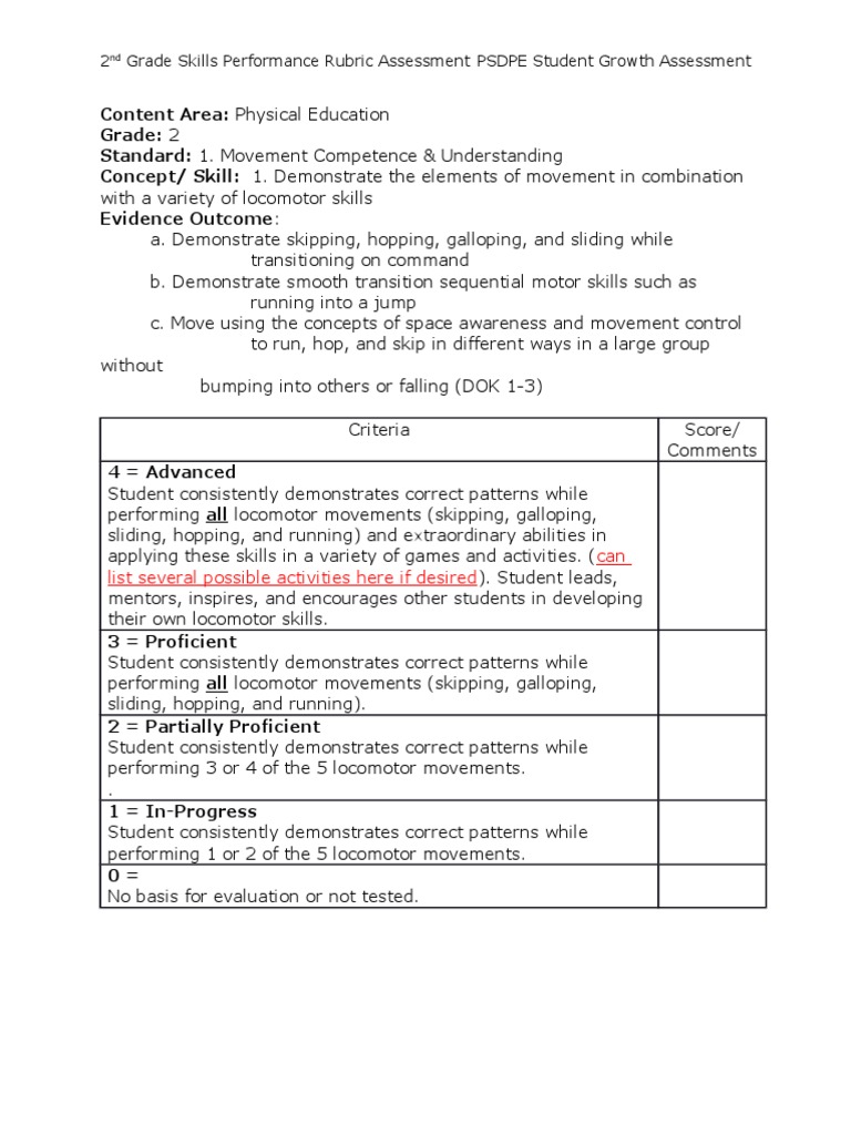 2nd Grade Locomotor Skills Rubric | PDF