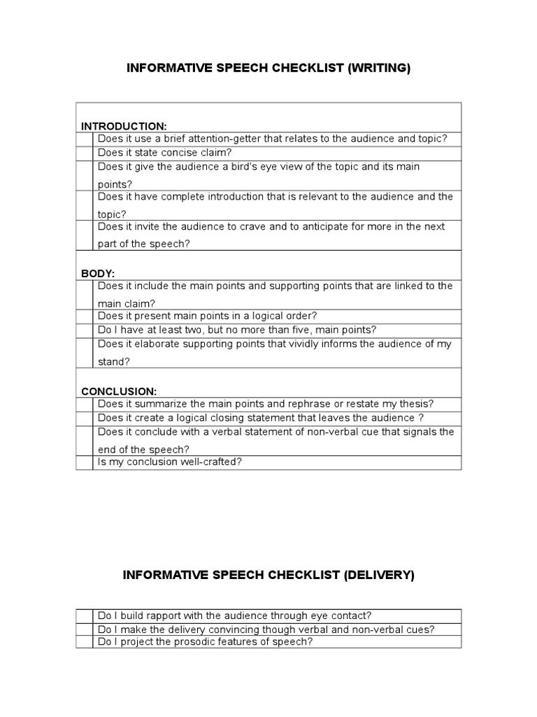 Informative Speech Writing Checklist | PDF | Career & Growth