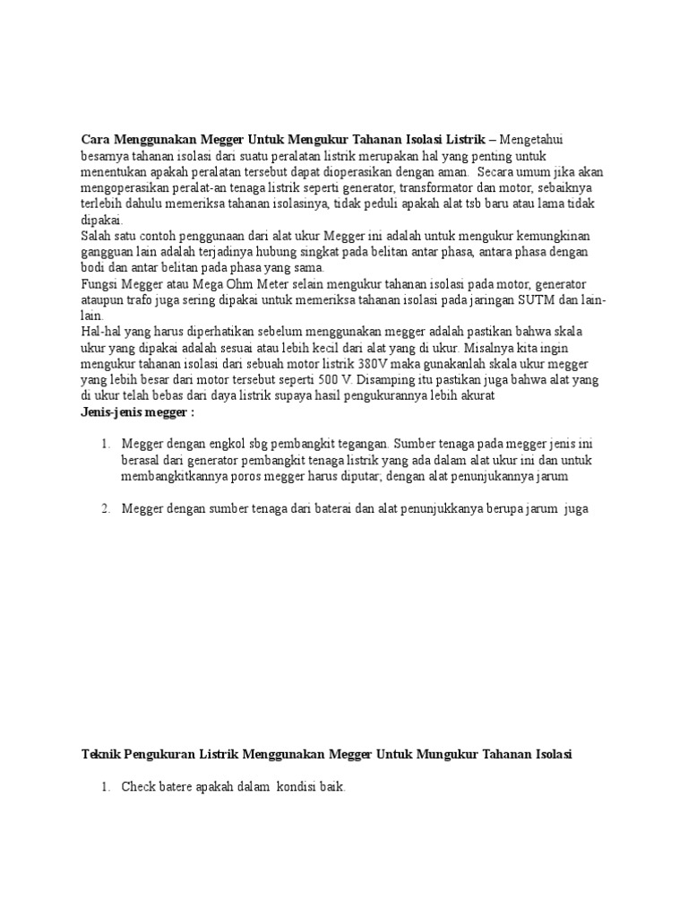 Cara Menggunakan Megger Untuk Mengukur Tahanan Isolasi | PDF Cara Menggunakan Megger Untuk Mengukur Tahanan Isolasi | PDF