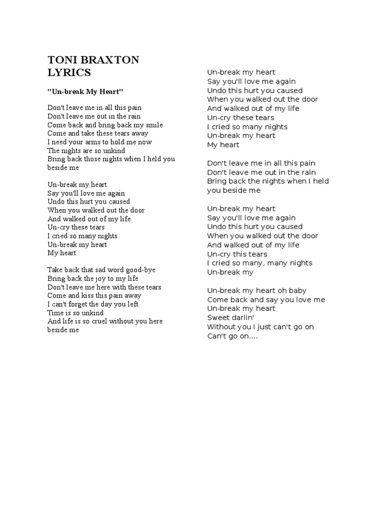 Toni Braxton Lyrics: "Un-Break My Heart" | PDF