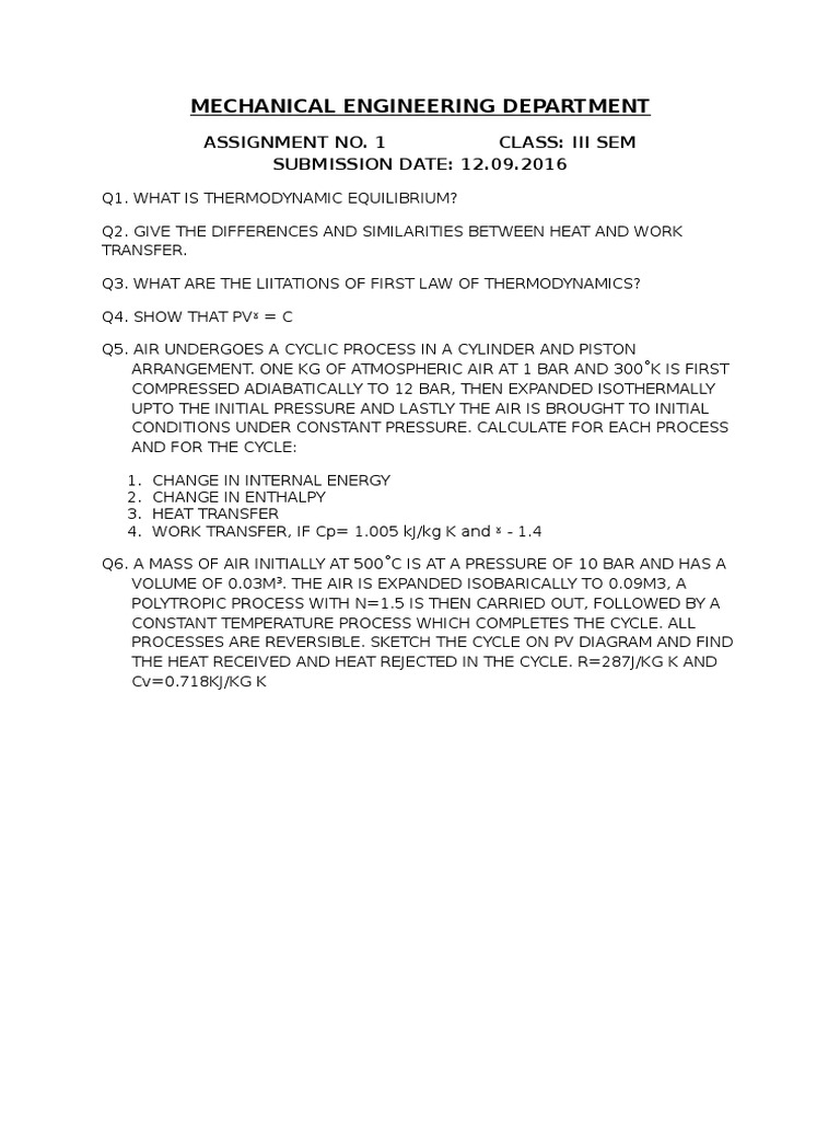 Mechanical Engineering Department: Assignment No. 1 Class: Iii Sem SUBMISSION DATE: 12.09.2016 | PDF