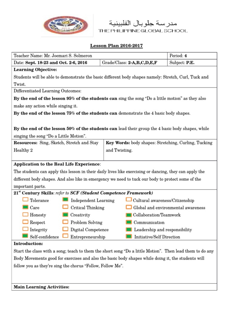 Lesson Plan PE 2 - Body Shapes (Stertch, Curl, Tuck and Twist) | PDF ...