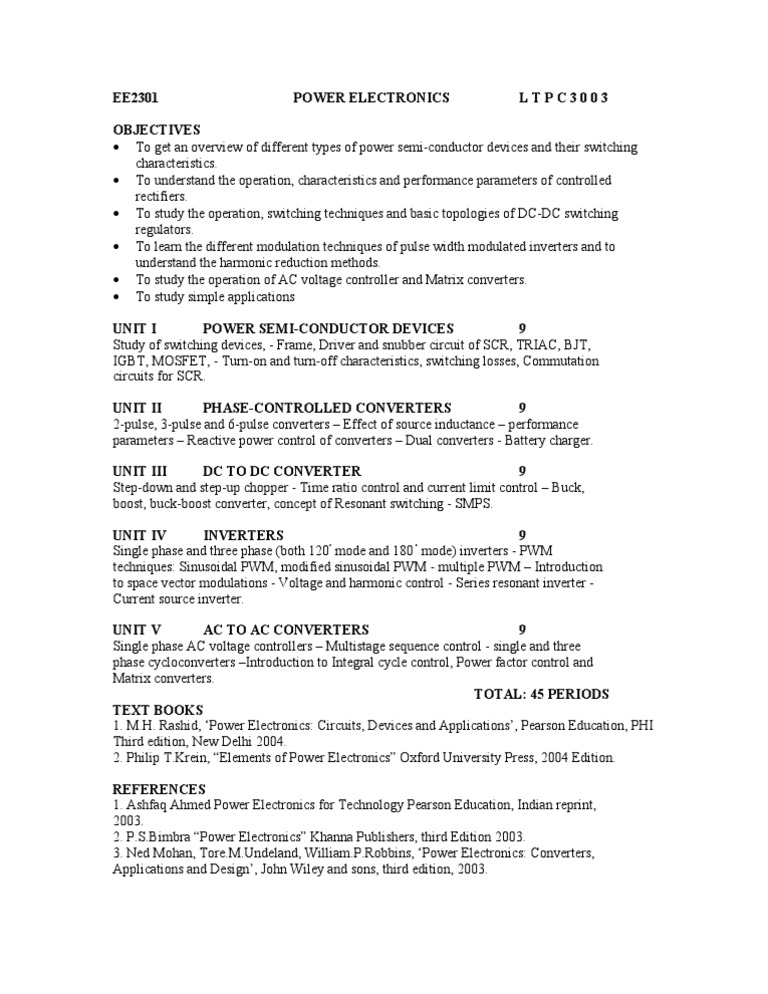 EE2301 Power Electronics Syllabus | PDF | Power Electronics | Power ...