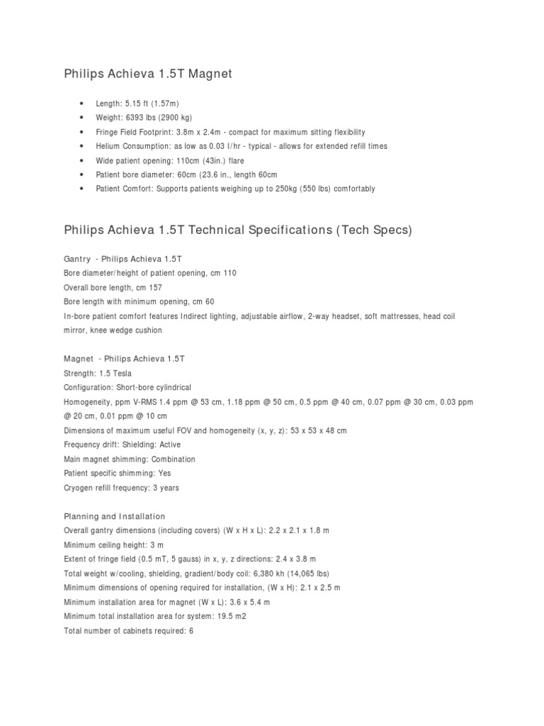 Philips Achieva 1.5T Tech Specs | PDF | Medical Imaging | Functional Magnetic Resonance Imaging