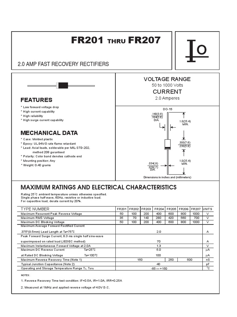 FR201 FR207: Features | PDF | Rectifier | Diode
