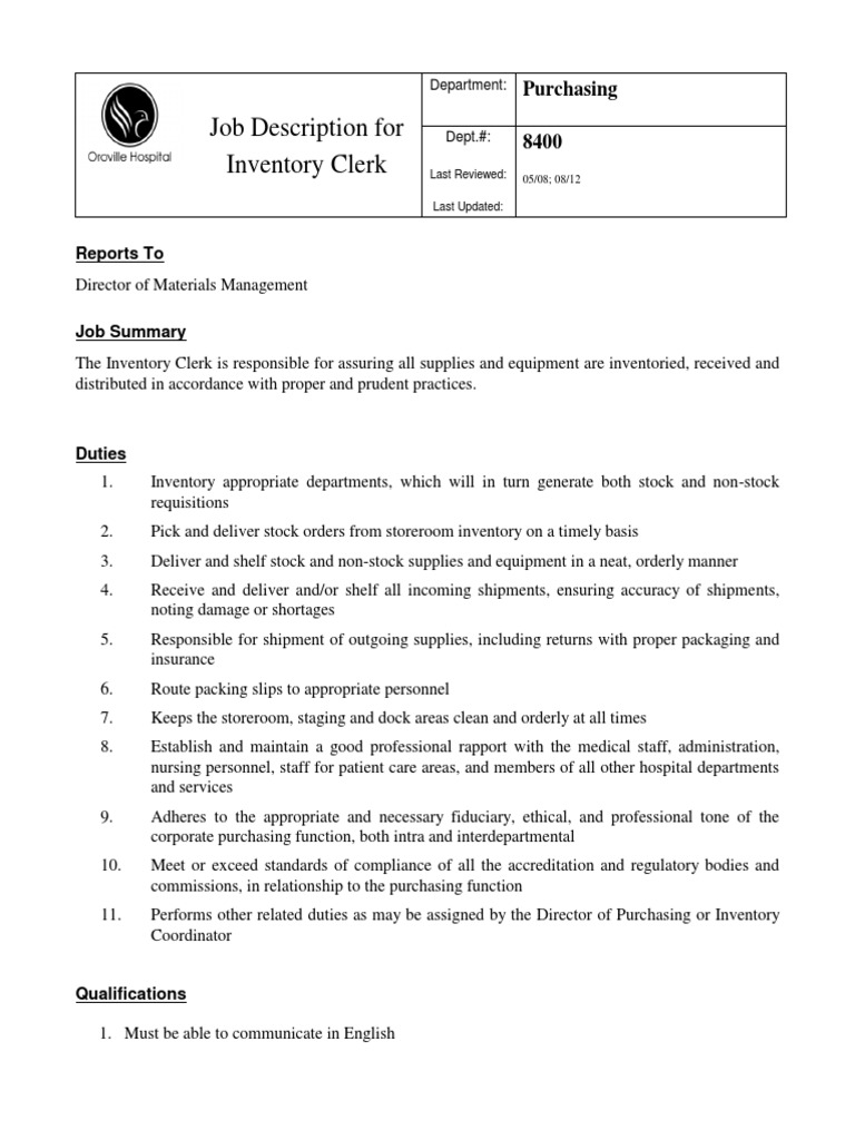 Inventory Clerk Job Description | PDF