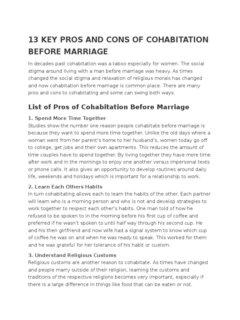 13 Key Pros and Cons of Cohabitation Before Marriage | PDF ...