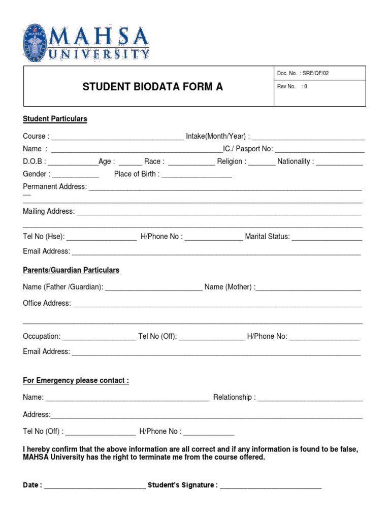 Student Biodata Form A: Doc. No.: SRE/QF/02 Rev No.: 0 | PDF