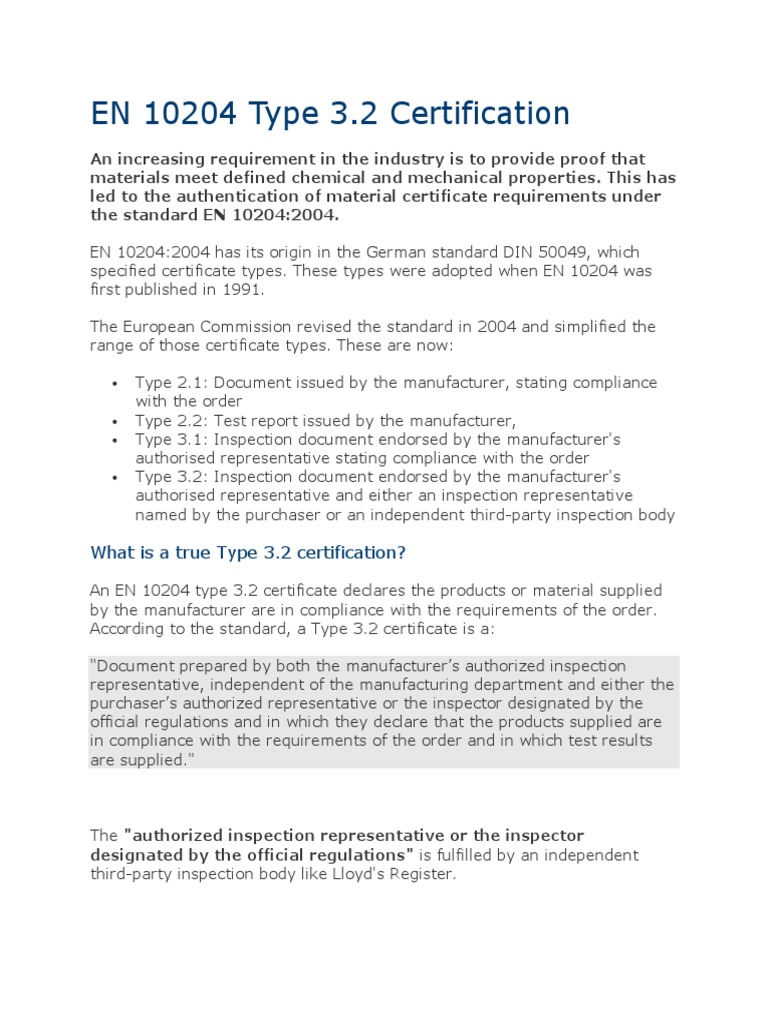 EN 10204 Type 3.2 Certification | PDF | Certification | Verification And Validation