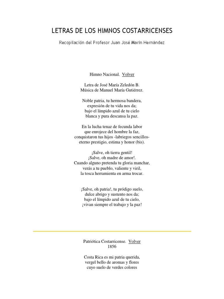 Letras de Los Himnos Costarricenses
