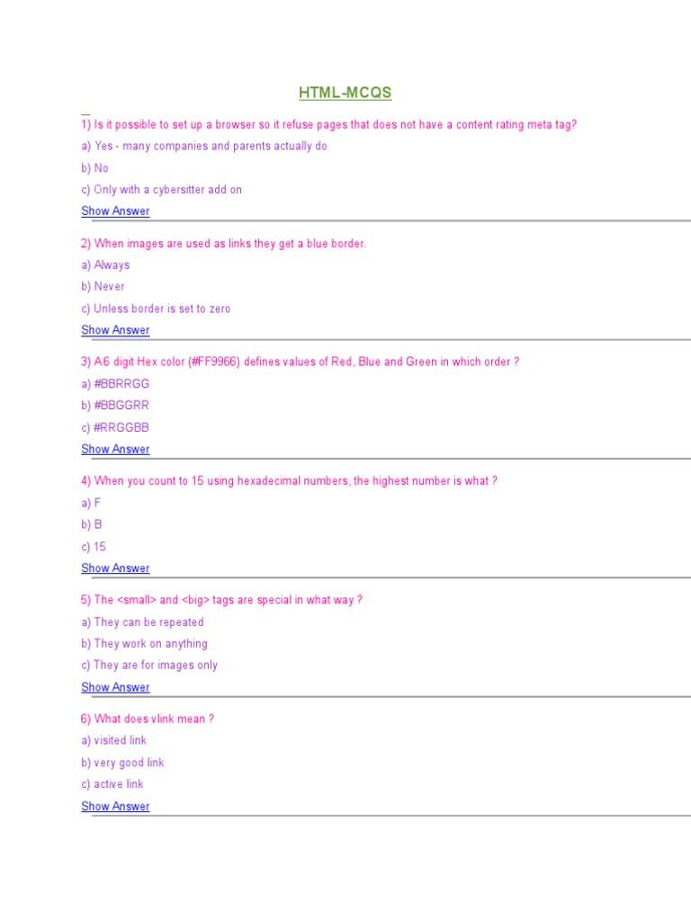 HTML Quiz Qa | PDF | Html Element | Html