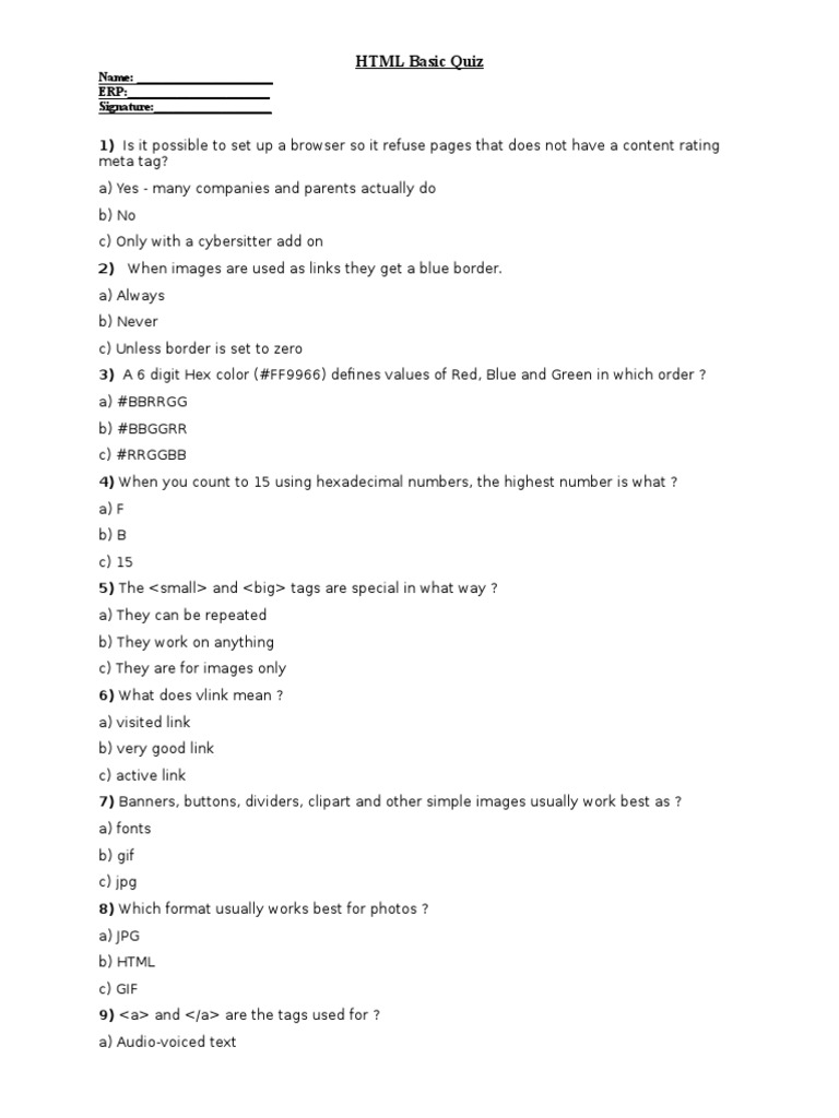 HTML Basic Quiz | Download Free PDF | Html Element | Hyperlink