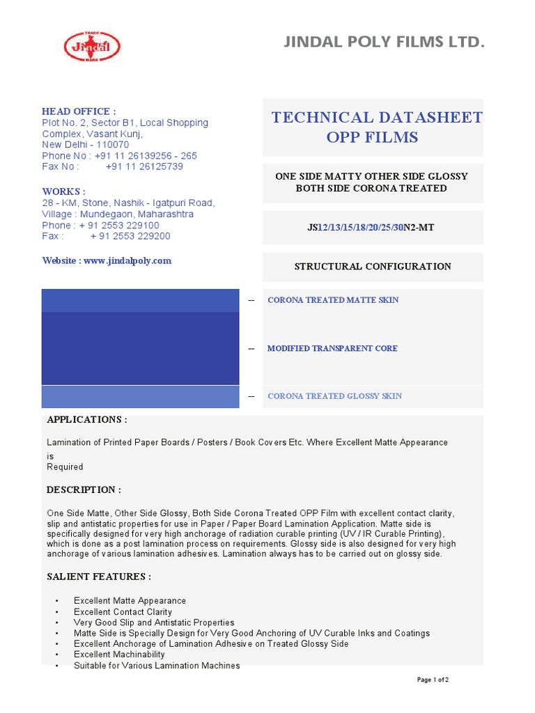 Technical Datasheet Opp Films: Jindal Poly Films LTD | PDF | Applied ...