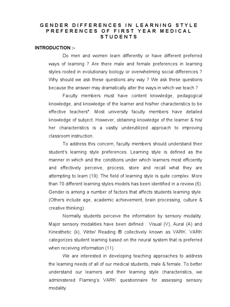 Gender Differences in Learning Style Preferences of First Year Medical ...