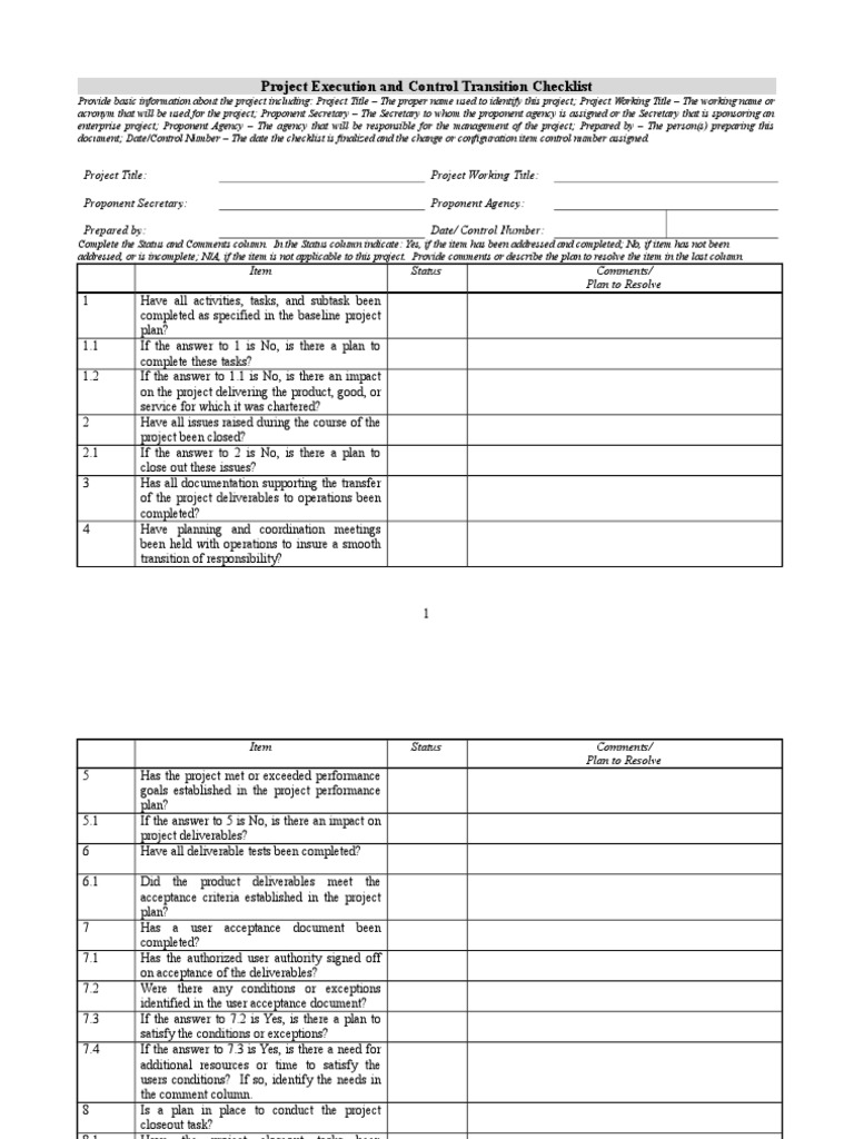 Project Execution and Control Transition Checklist | PDF | Business ...