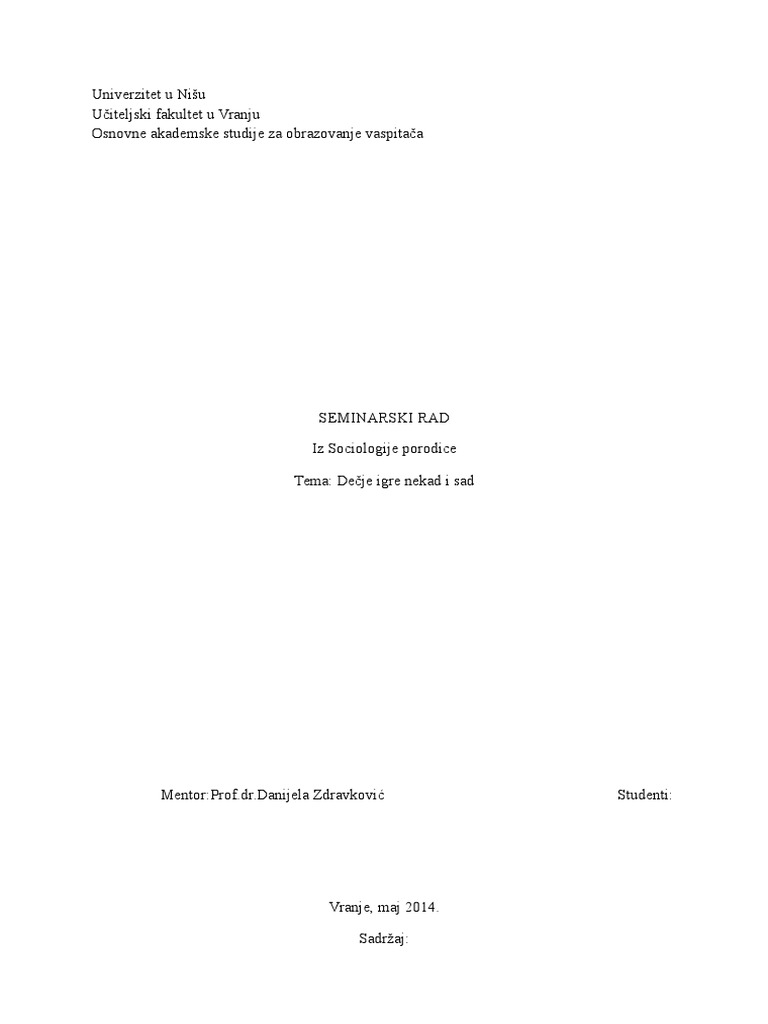 Dečje Igre Nekad I Sad-Sociologija Porodice | PDF