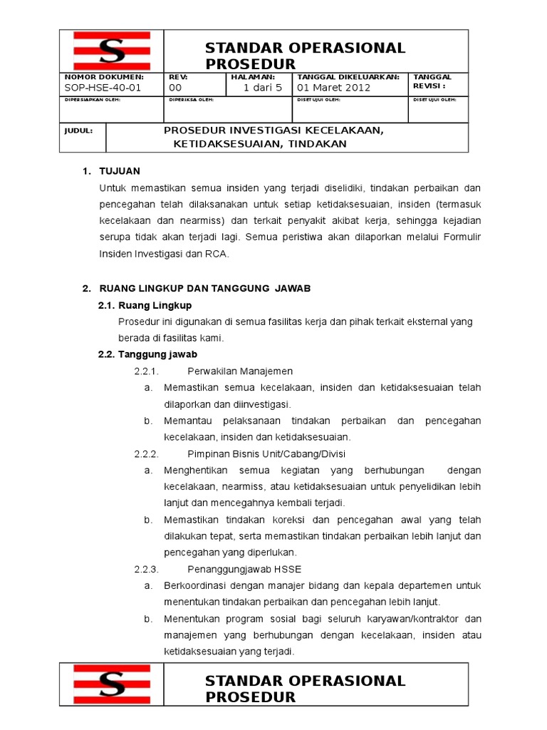 SOP HSE 04 01 Investigasi Kecelakaan | PDF