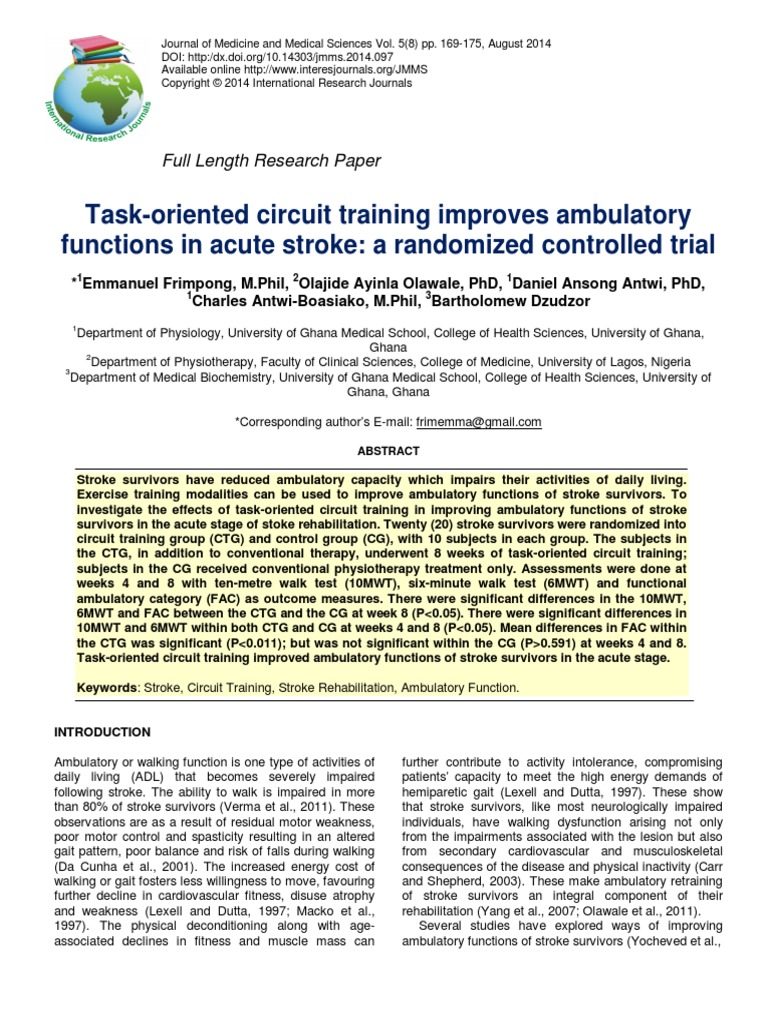 Task Oriented Circuit Training Improves Ambulatory Functions in Acute Stroke A Randomized ...