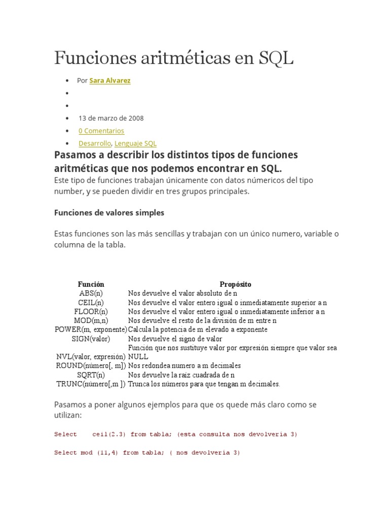 Funciones Aritméticas en SQL | PDF | SQL | Servidor SQL de Microsoft