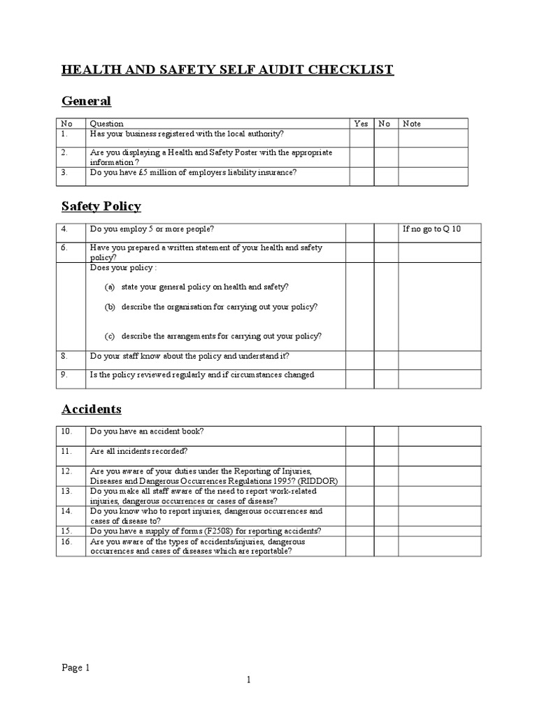 Health and Safety Self Audit Checklist General | PDF | Personal ...