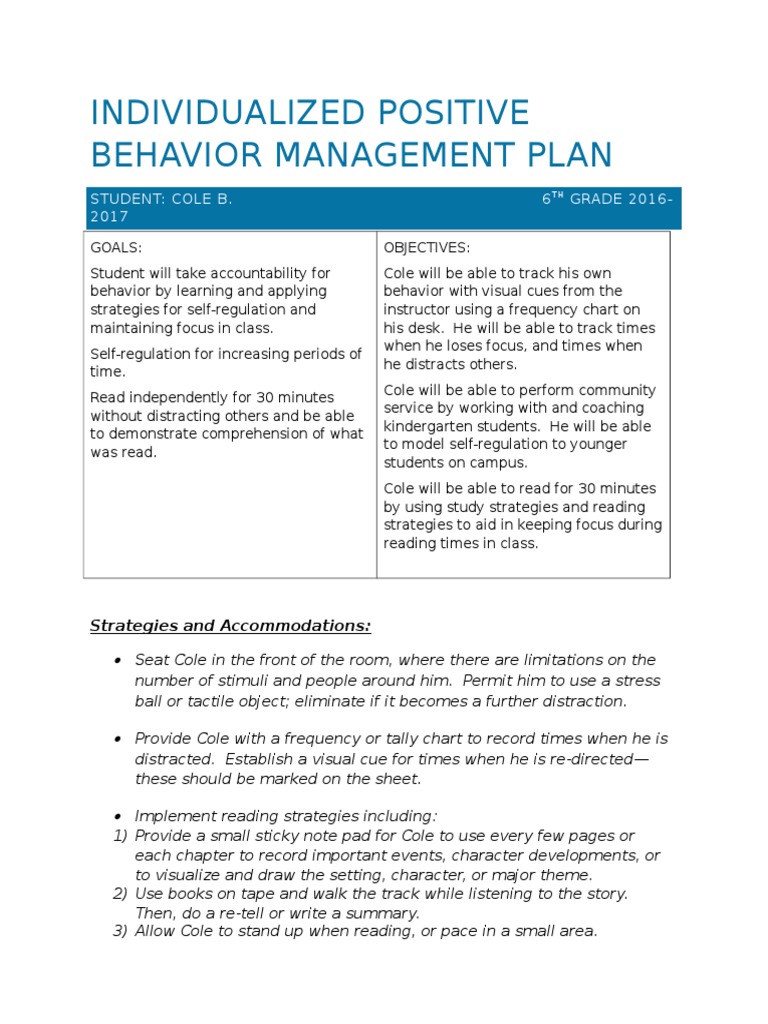 Individualized Positive Behavior Management Plan: Student: Cole B. 6 ...