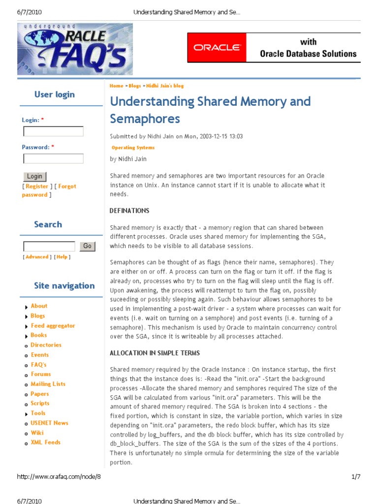 Understanding Shared Memory And Semaphores Oracle Faq Pdf Oracle Database Operating System