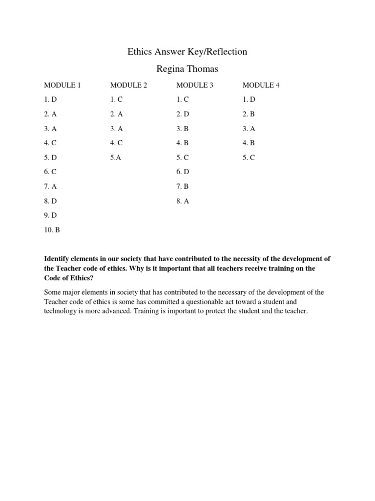 Ethics Answer Key Reflection Regina Thomas Pdf