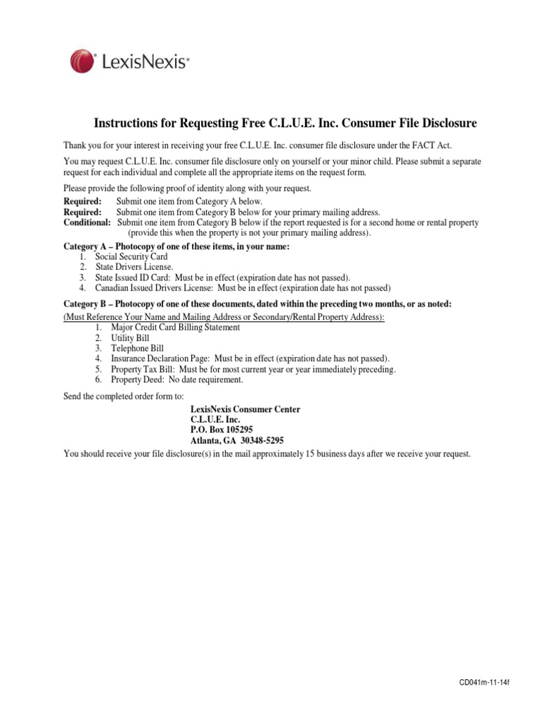 Instructions For Requesting Free C.L.U.E. Inc. Consumer File Disclosure ...