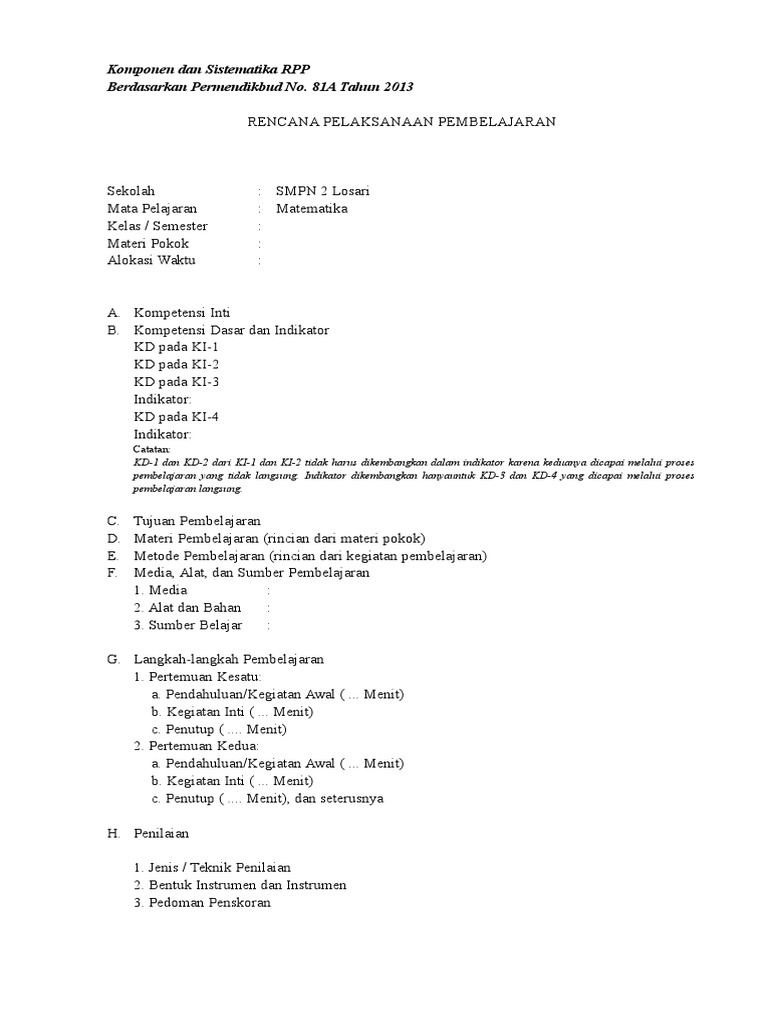 Komponen Dan Sistematika RPP 81A 2013 | PDF