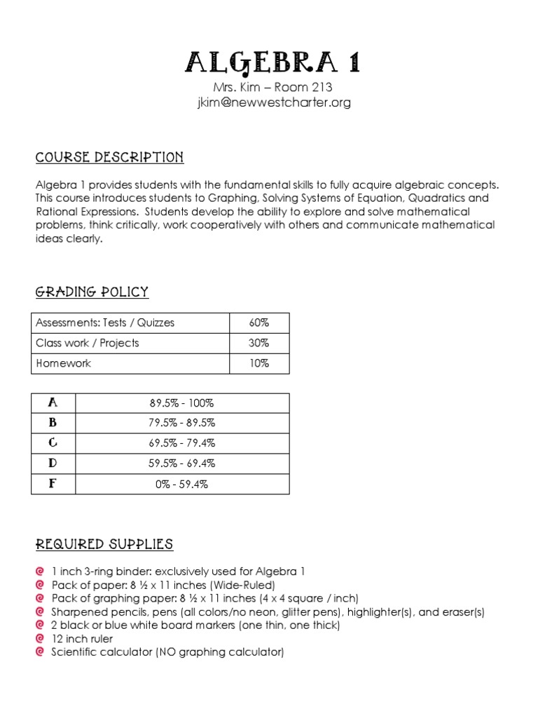 Algebra 1 Syllabus Kim | PDF | Homework | Algebra