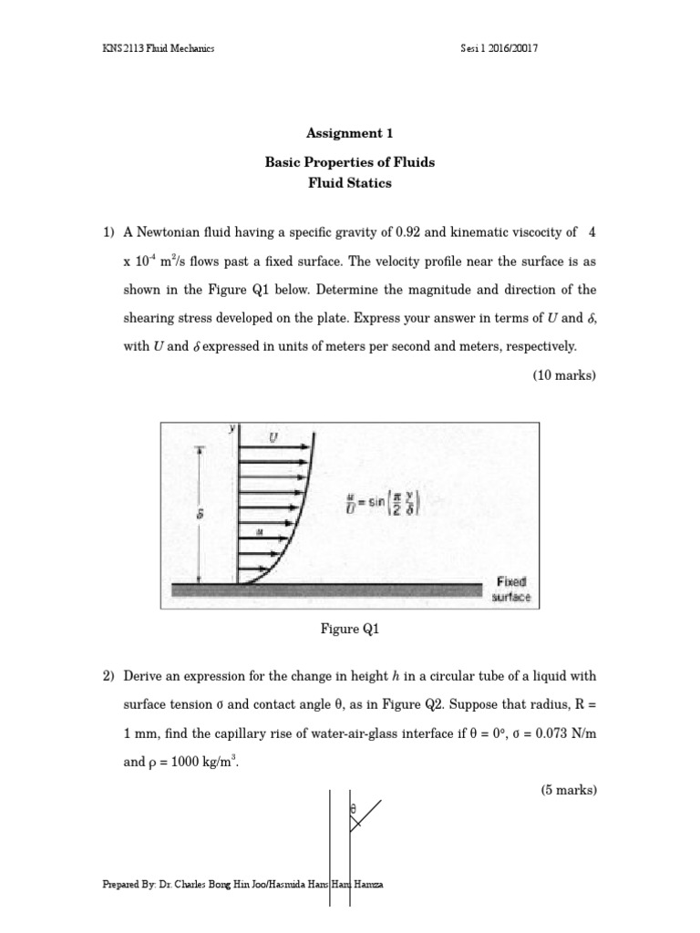 Assignment 1 Basic Properties of Fluids Fluid Statics: KNS2113 Fluid Mechanics Sesi 1 2016/20017 ...
