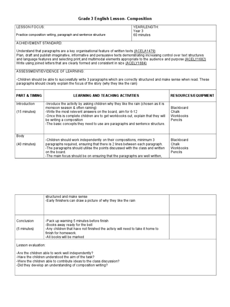 Grade 3 Composition Writing Lesson | PDF | Language Arts & Discipline