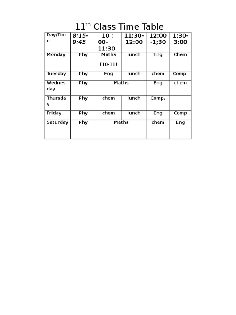 11 Class Time Table: Day/Tim e Monday Phy Maths (10-11) Lunch Eng Chem ...