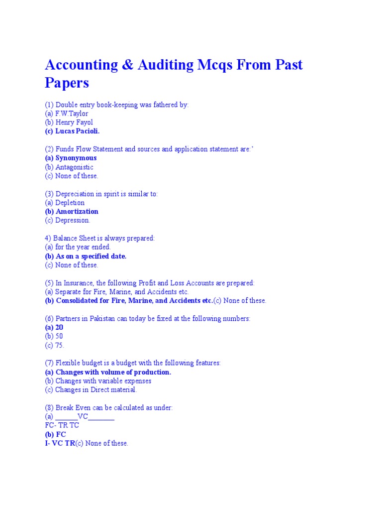 Accounting & Auditing MCQs from Past Papers: A Comprehensive Collection ...