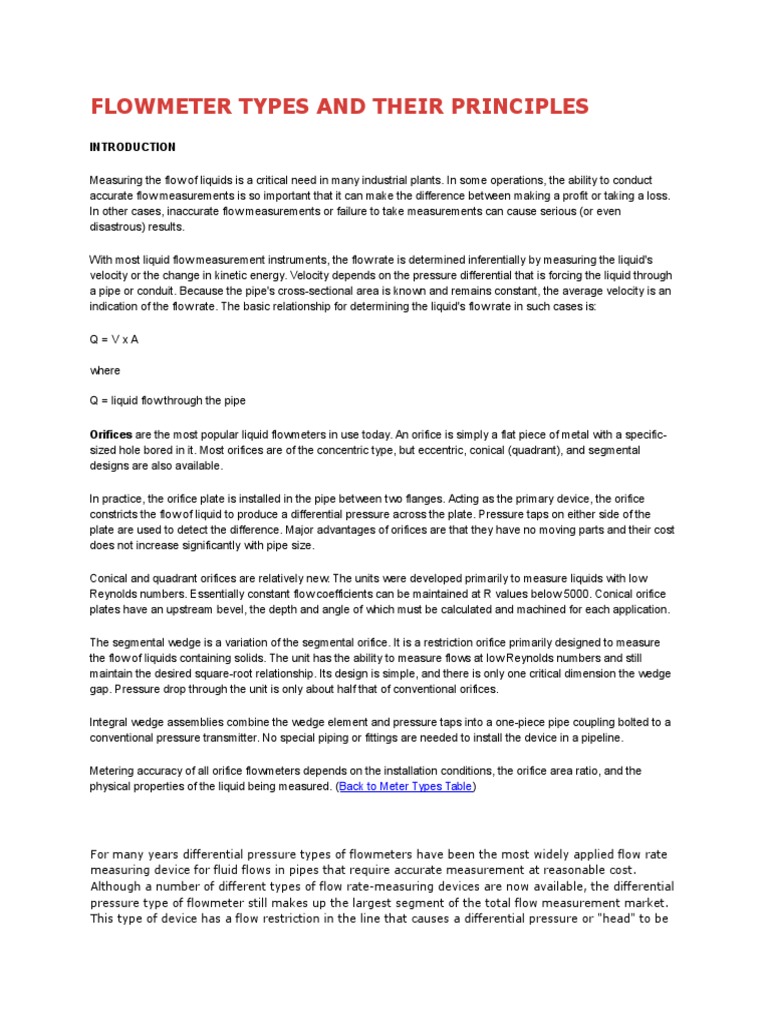 Flowmeter Types and Their Principles | PDF | Flow Measurement | Fluid ...