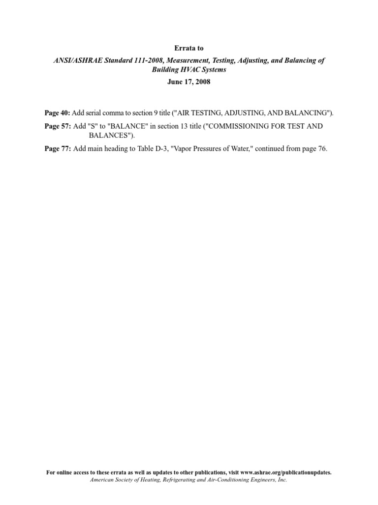 ANSI/ASHRAE Standard 111-2008, Measurement, Testing, Adjusting, and ...