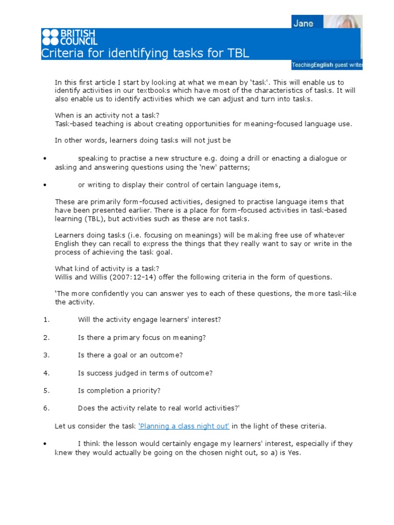 Criteria For Identifying Tasks For TBL | PDF | Vocabulary | Learning