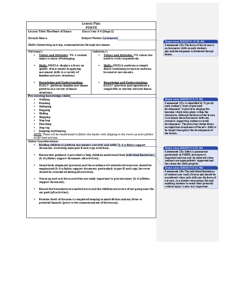 Lesson Plan Pdhpe: On For Heel and Toe | PDF | Dances | Classroom
