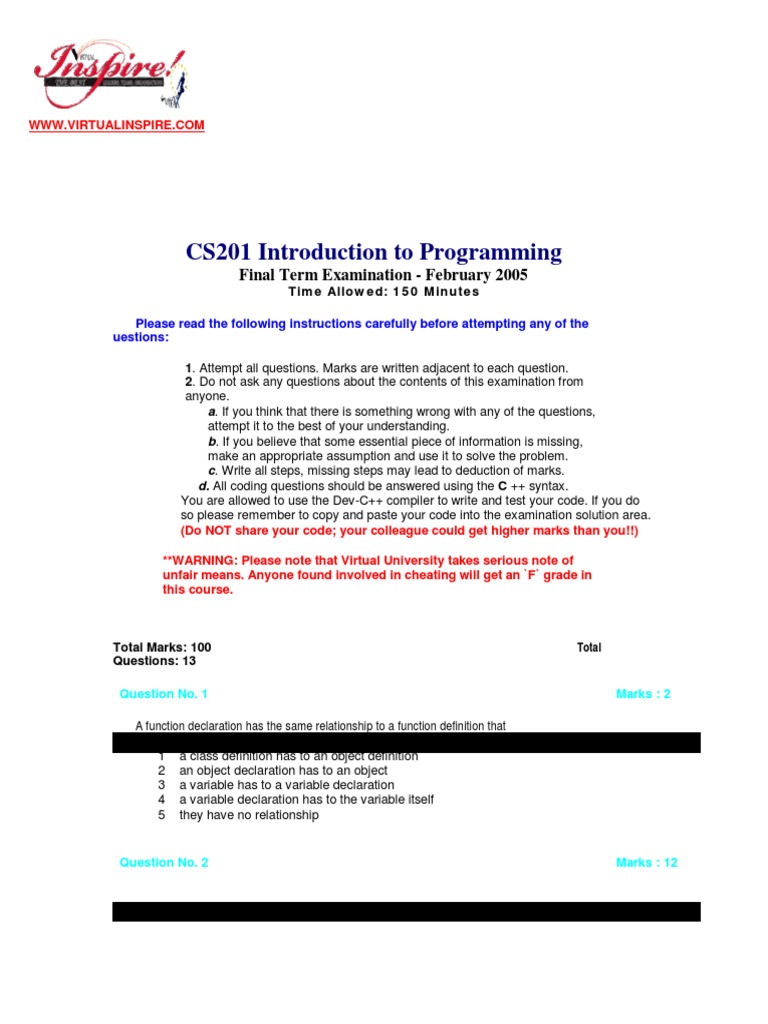 CS201 Introduction To Programming: Final Term Examination - February 2005 | Download Free PDF ...