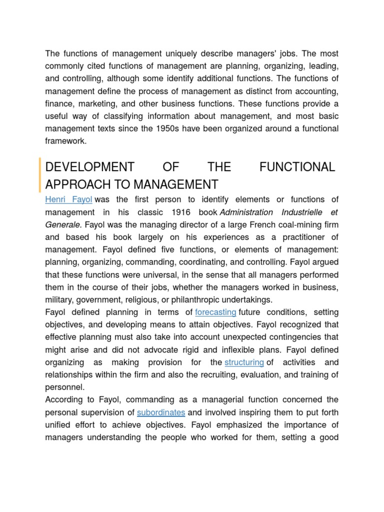 Development of The Functional Approach To Management: Henri Fayol | PDF ...