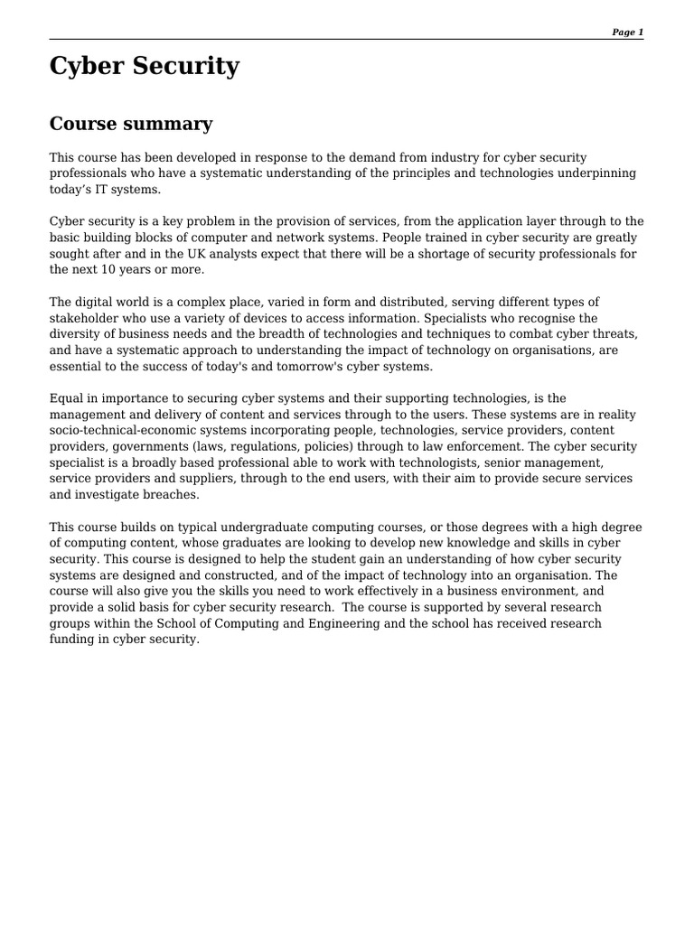 Cyber Security: Course Summary | PDF | Computer Security | Security