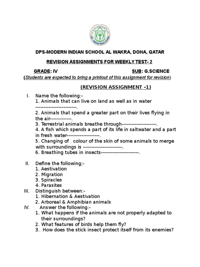 Revision Assignments for Grade IV General Science: Animals, Matter ...
