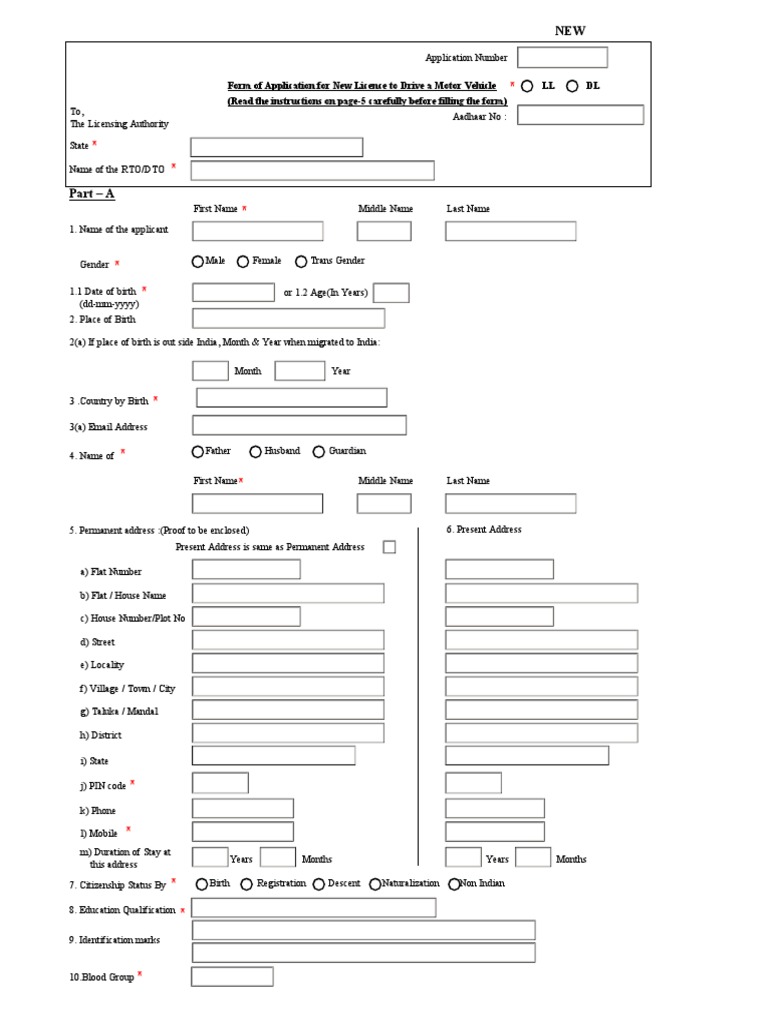 Form of Application For New Licence To Drive A Motor Vehicle LL DL ...