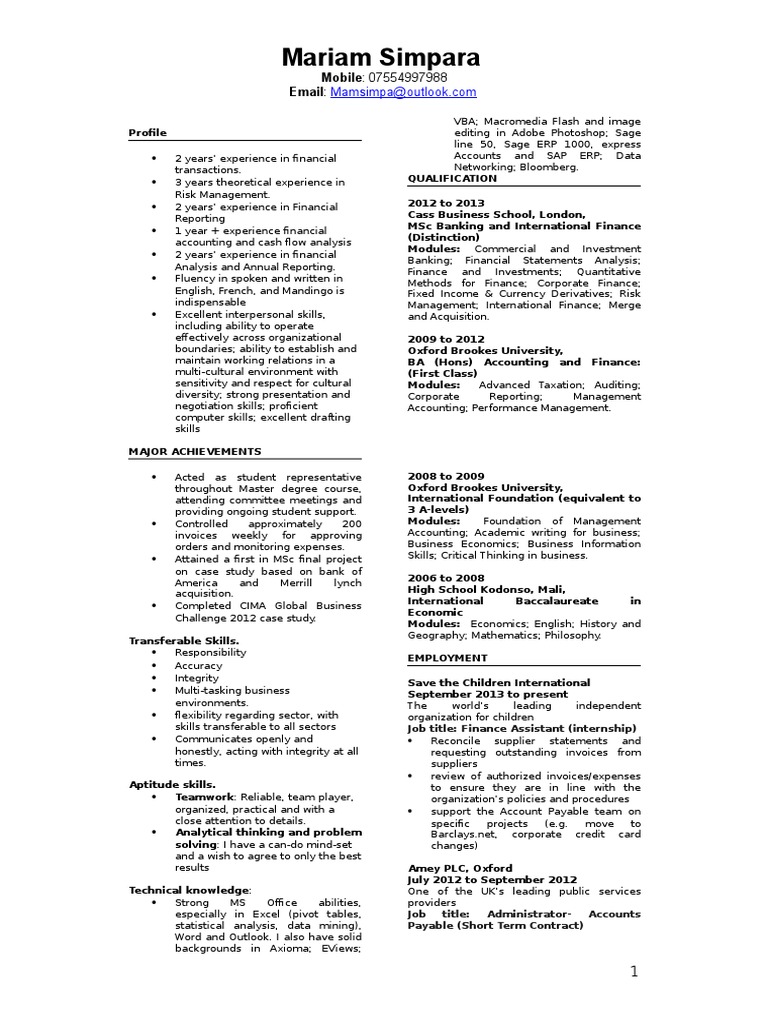 Simpara Mariam RESUME | PDF | Accounting | Sap Se