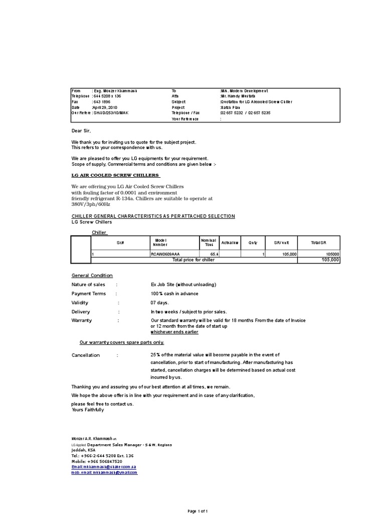 LG Chiller Quotation-253-29!4!2010 Quote | PDF